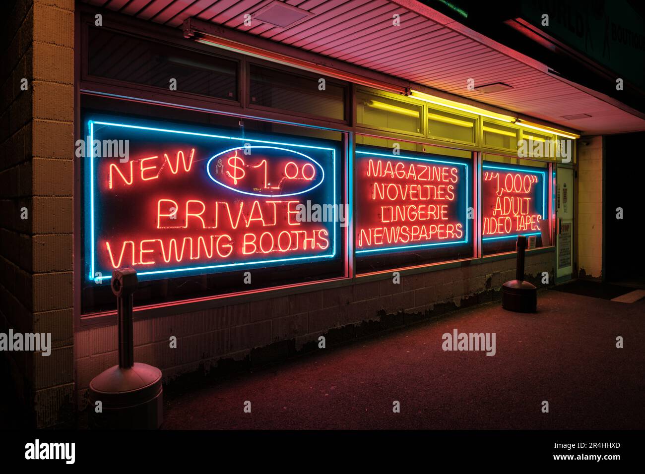 Adult video store neon signs at night, in New Hampton, New York Stock ...