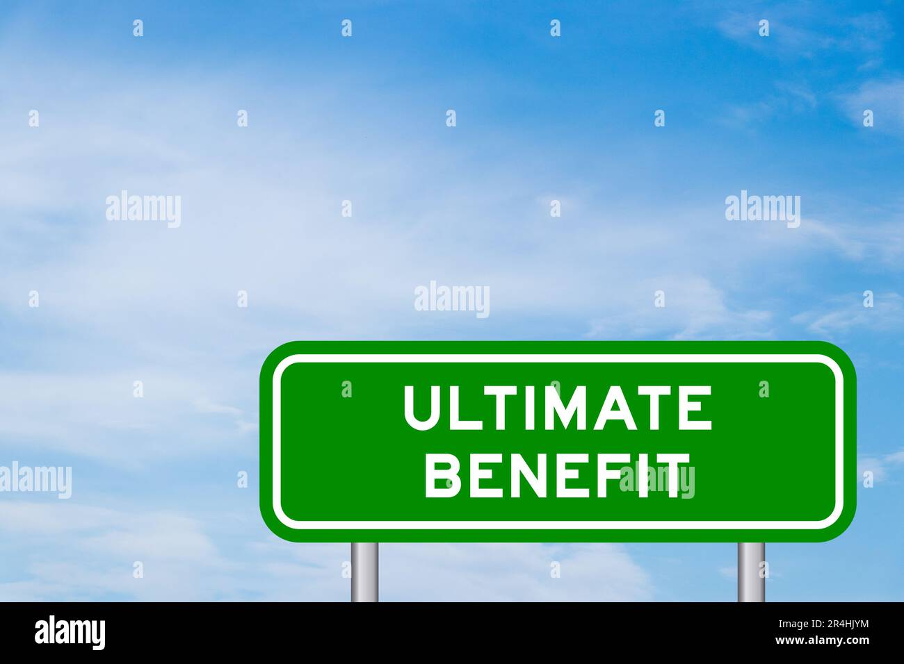Green color transportation sign with word ultimate benefit on blue sky ...