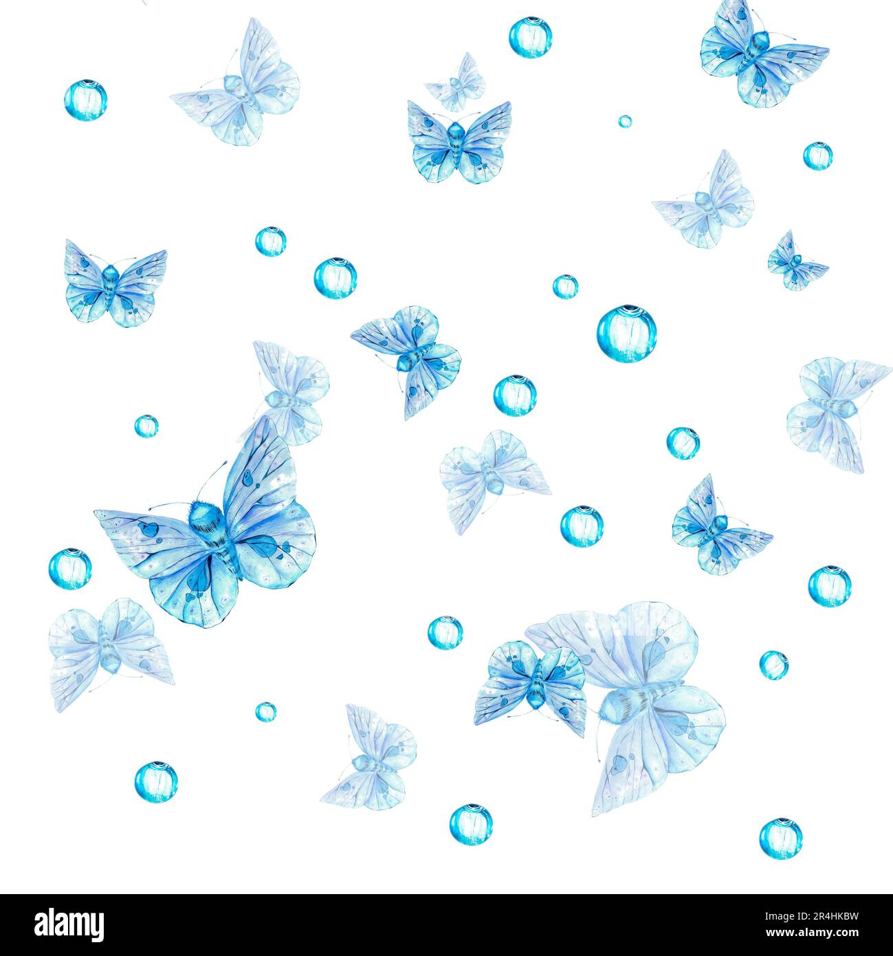 a set of watercolor illustrations. blue butterflies, lotus flowers ...