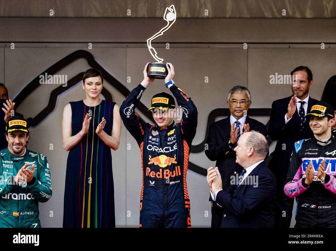 MONACO - Fernando Alonso (Aston Martin), Max Verstappen (Red Bull Racing) and Esteban Ocon ...
