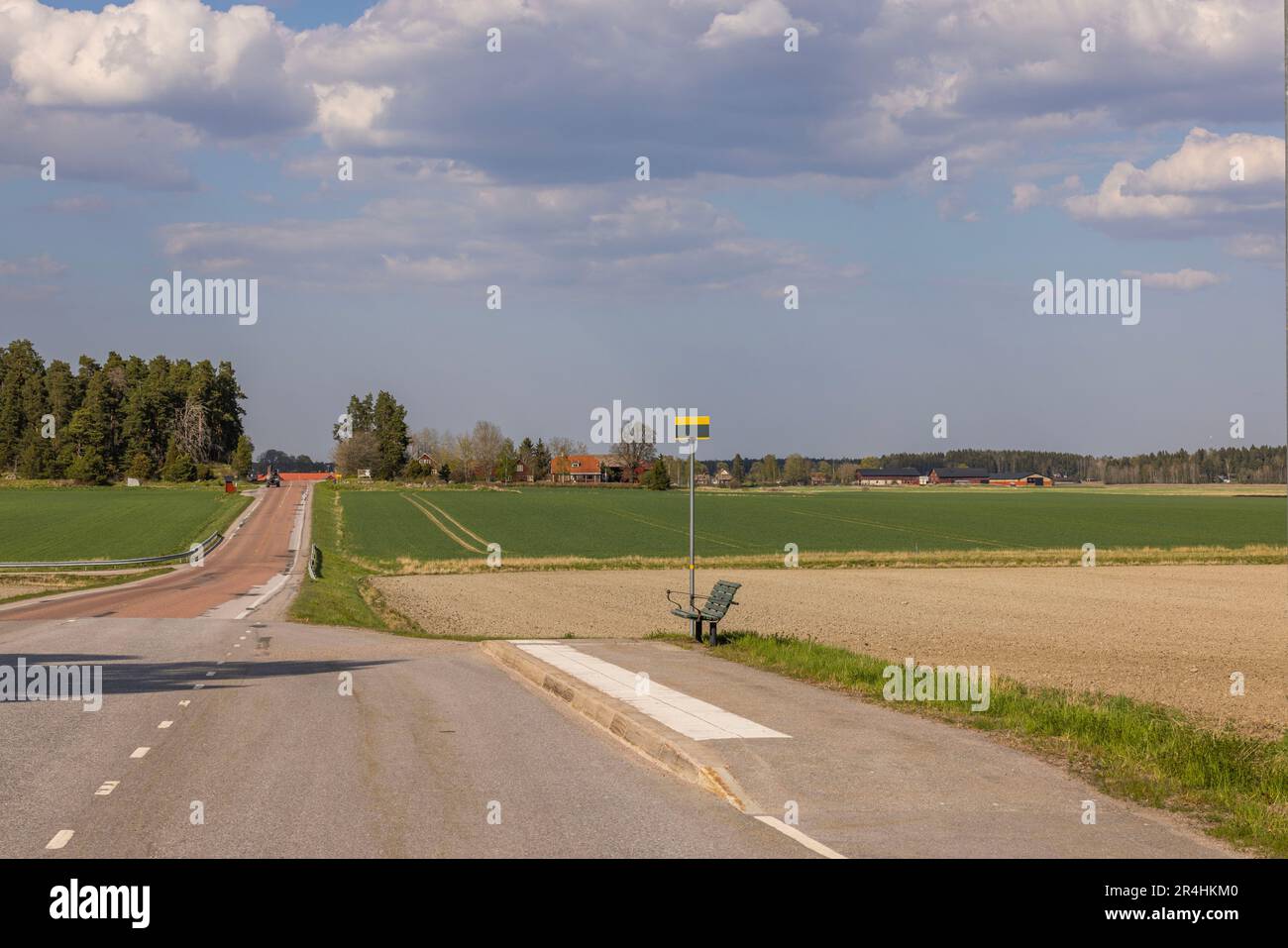 Beautiful view of highway in countryside with bus stop. Sweden Stock ...