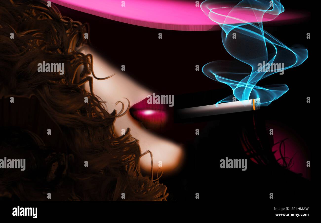 A female smoker, a young beautiful woman in a wide brim hat is seen ...