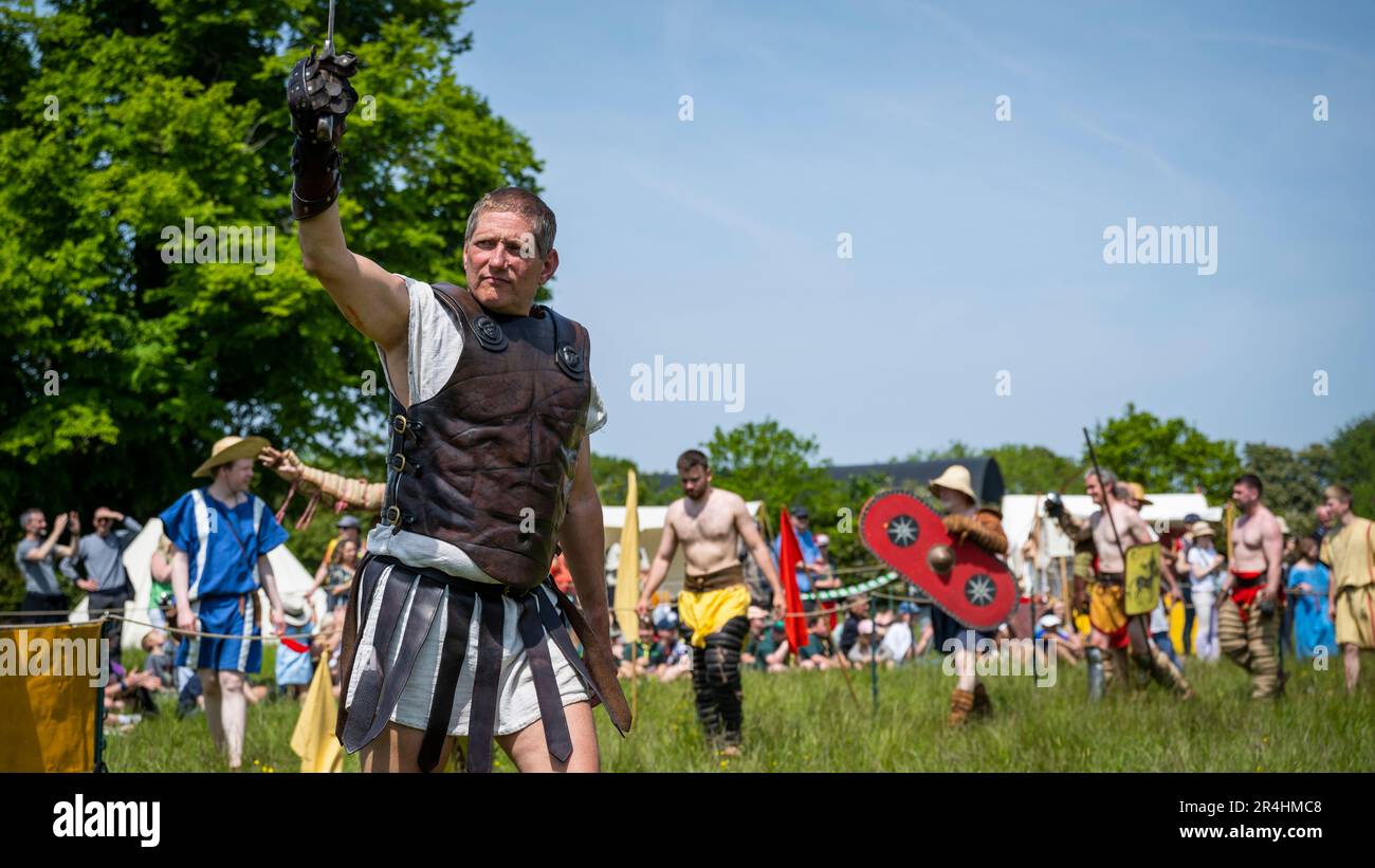 Chalfont, UK. 28 May 2023. Gladiators in a parade at Gladiator Games at ...