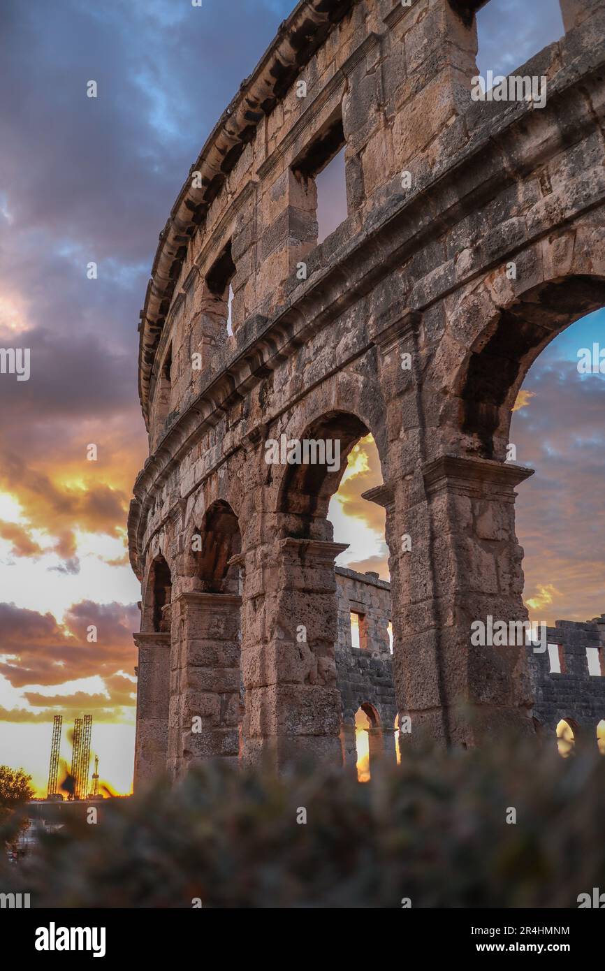 Vertical Pula Arena with Sunset Sky. Golden Hour with Roman ...