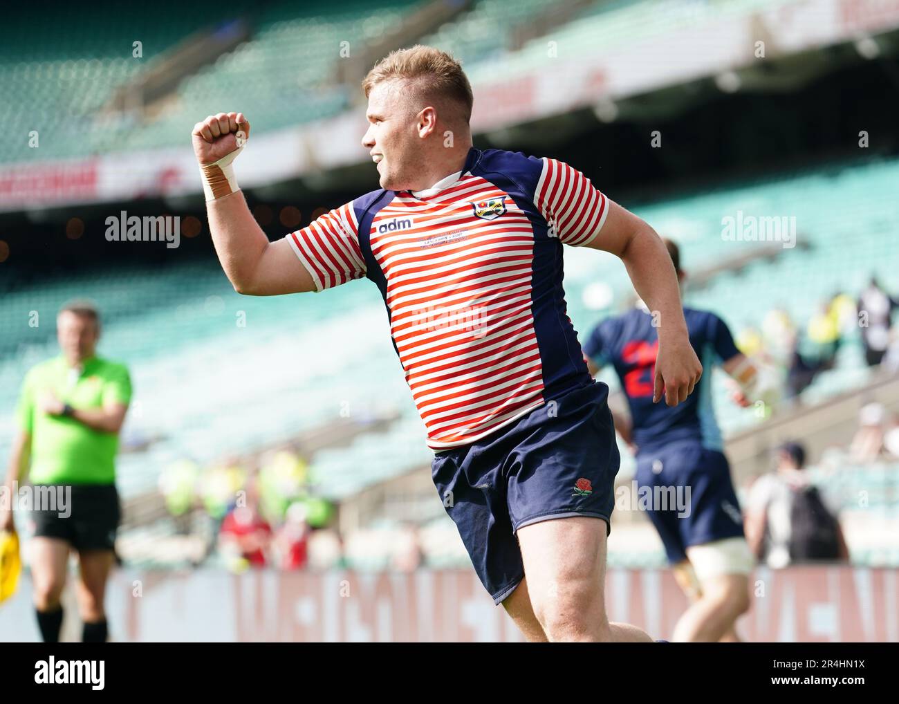 Lancashire's Ben Gregory celebrates a try during the Bill Beaumont ...