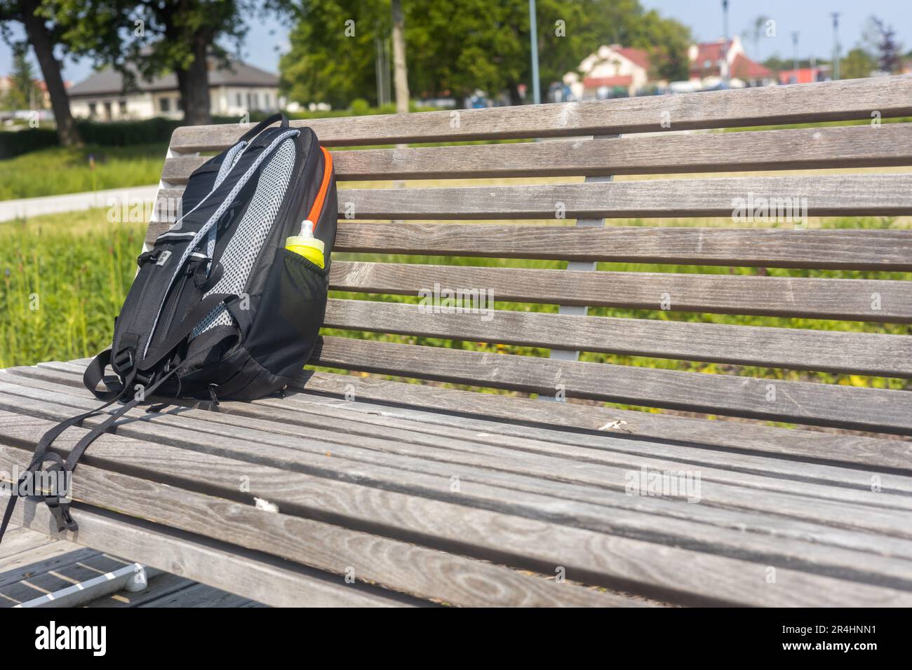 Backpack left on the bench, Concept, suspicious luggage, lost items ...