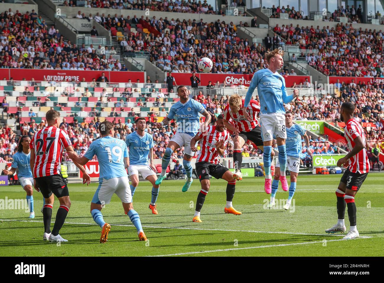 Ben Mee #16 of Brentford heads on goal during the Premier League match ...
