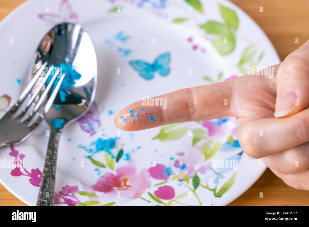 Microplastic problem, Plastic particles in food, air and water, Concept ...