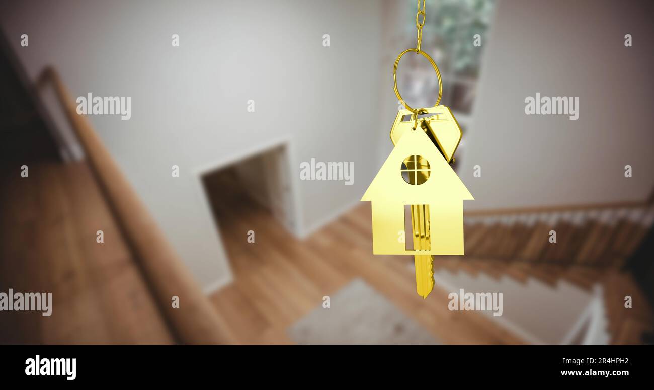 Image of gold key and house key ring over blurred house interior Stock ...
