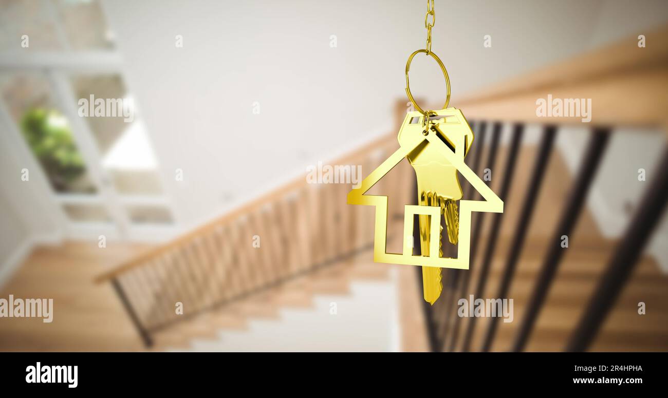 Image of golden key with house shape over stairs in house Stock Photo ...