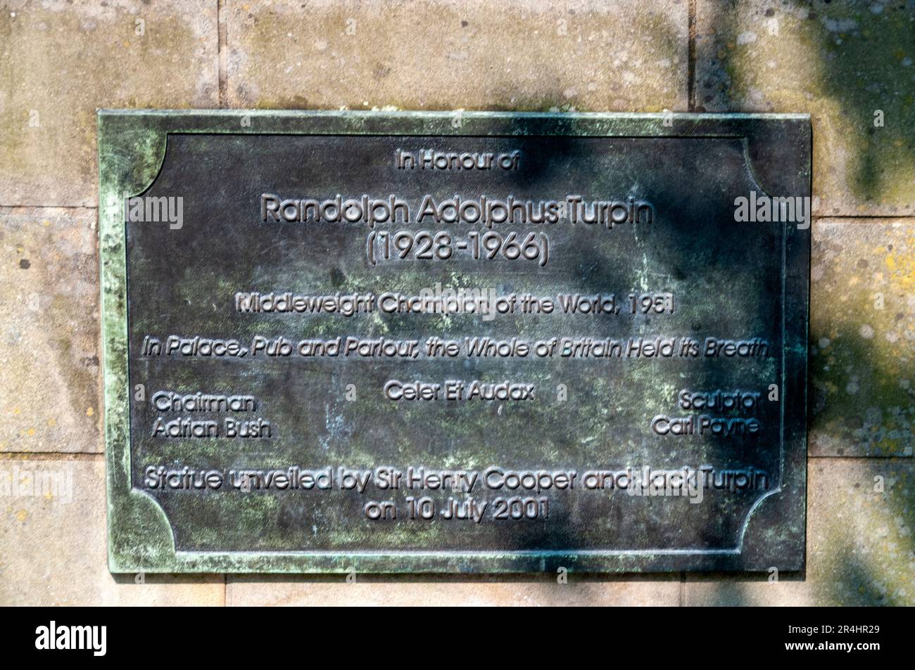 A plaque on the statue of Randolph Turpin, a boxer who became Britain's ...