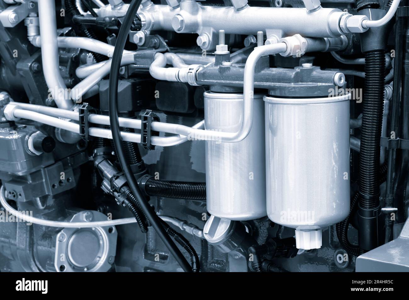 Blue diesel engine. Fragment of a diesel motor close-up. Selective on ...