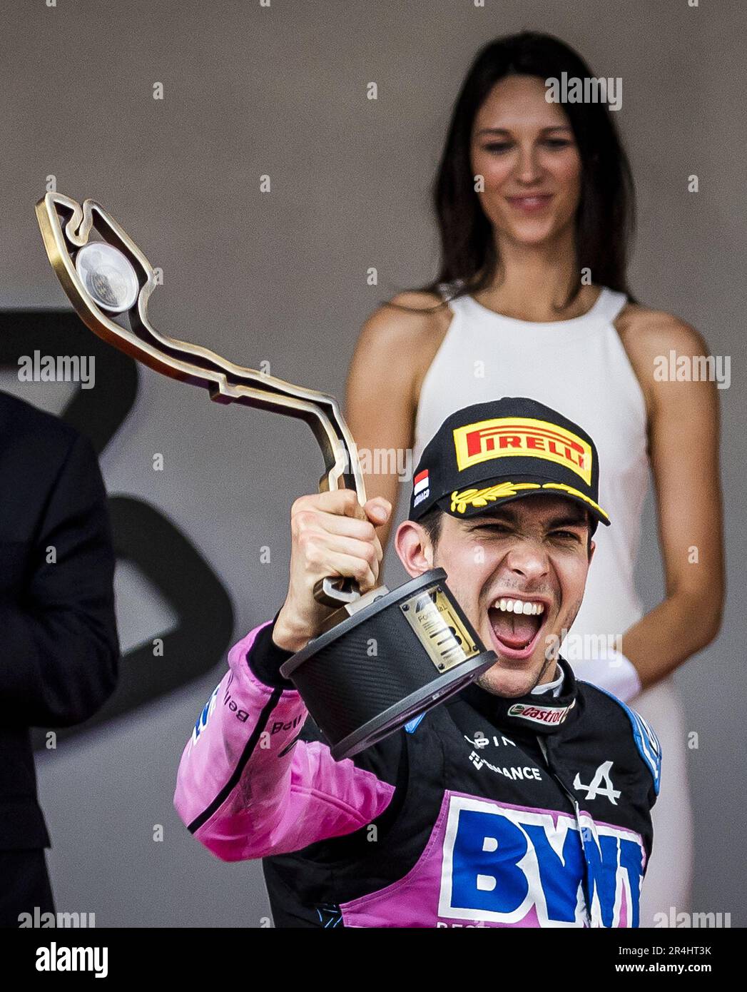 MONACO - Esteban Ocon (Alpine) cheers on the podium after the Monaco Grand Prix. ANP REMKO DE ...