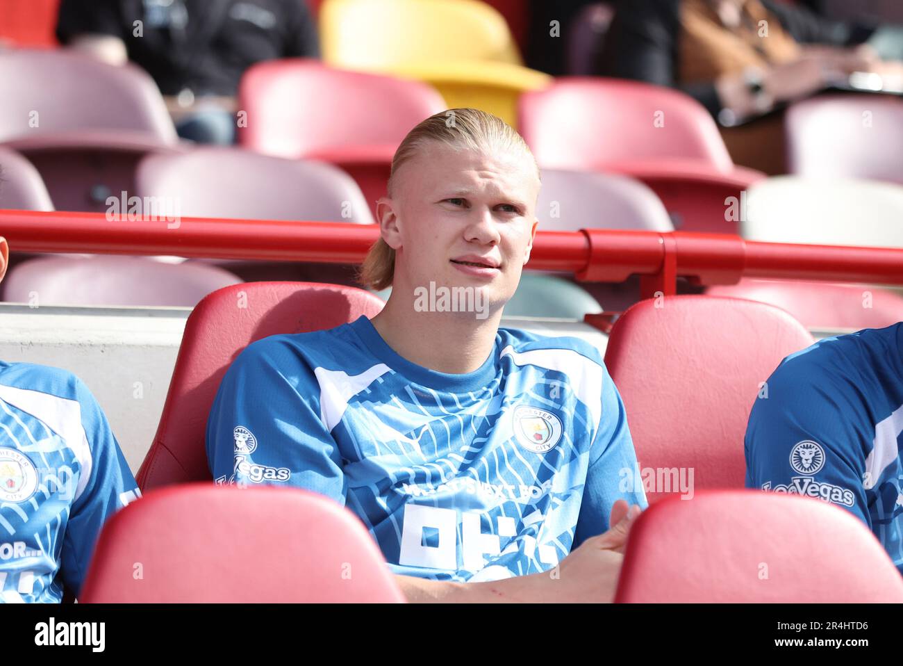 London, UK. 28th May, 2023. Erling Haaland of Manchester City sits on ...
