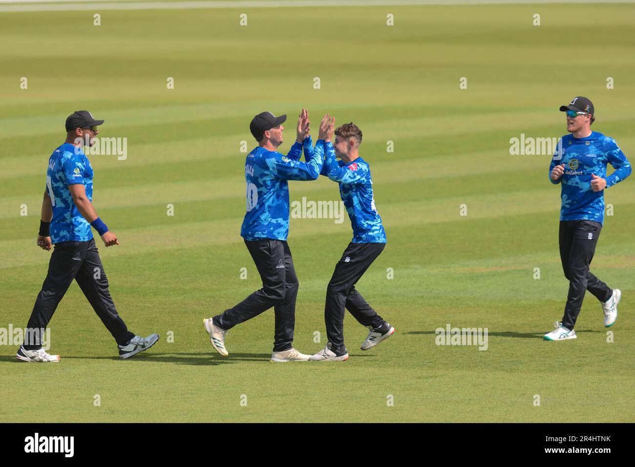 London, UK. 28th May, 2023. Surrey's Sam Curran out caught James Coles ...