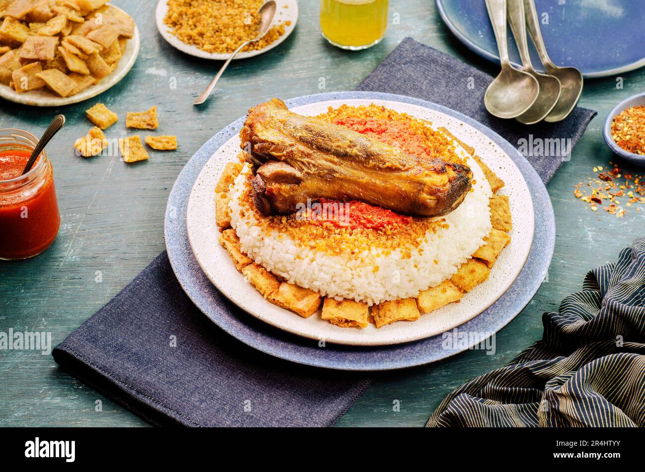 Arabic Cuisine; Egyptian oriental Fattah with white rice and crispy ...
