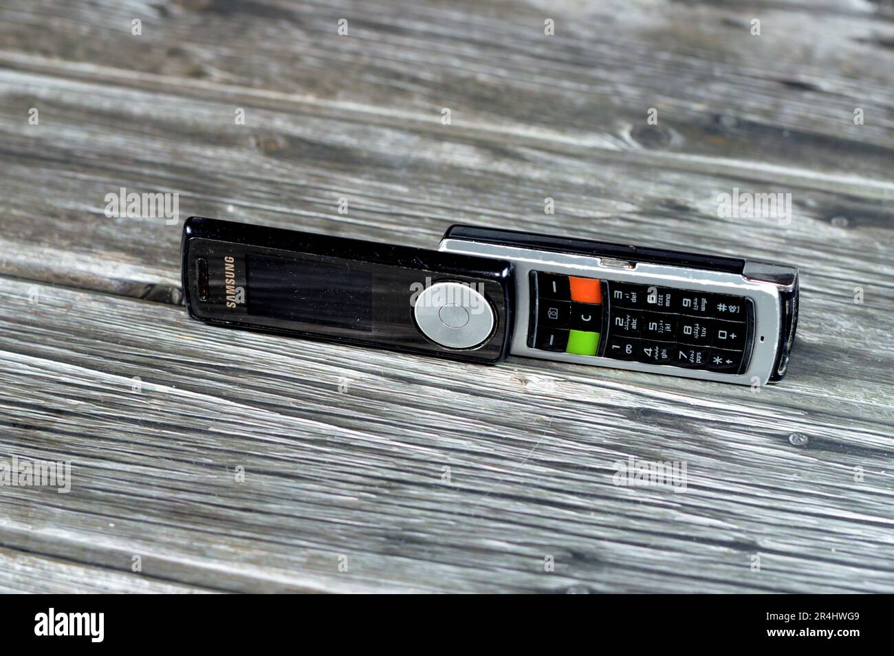 Cairo, Egypt, May 26 2023: Old rotating sliding Samsung mobile cell ...