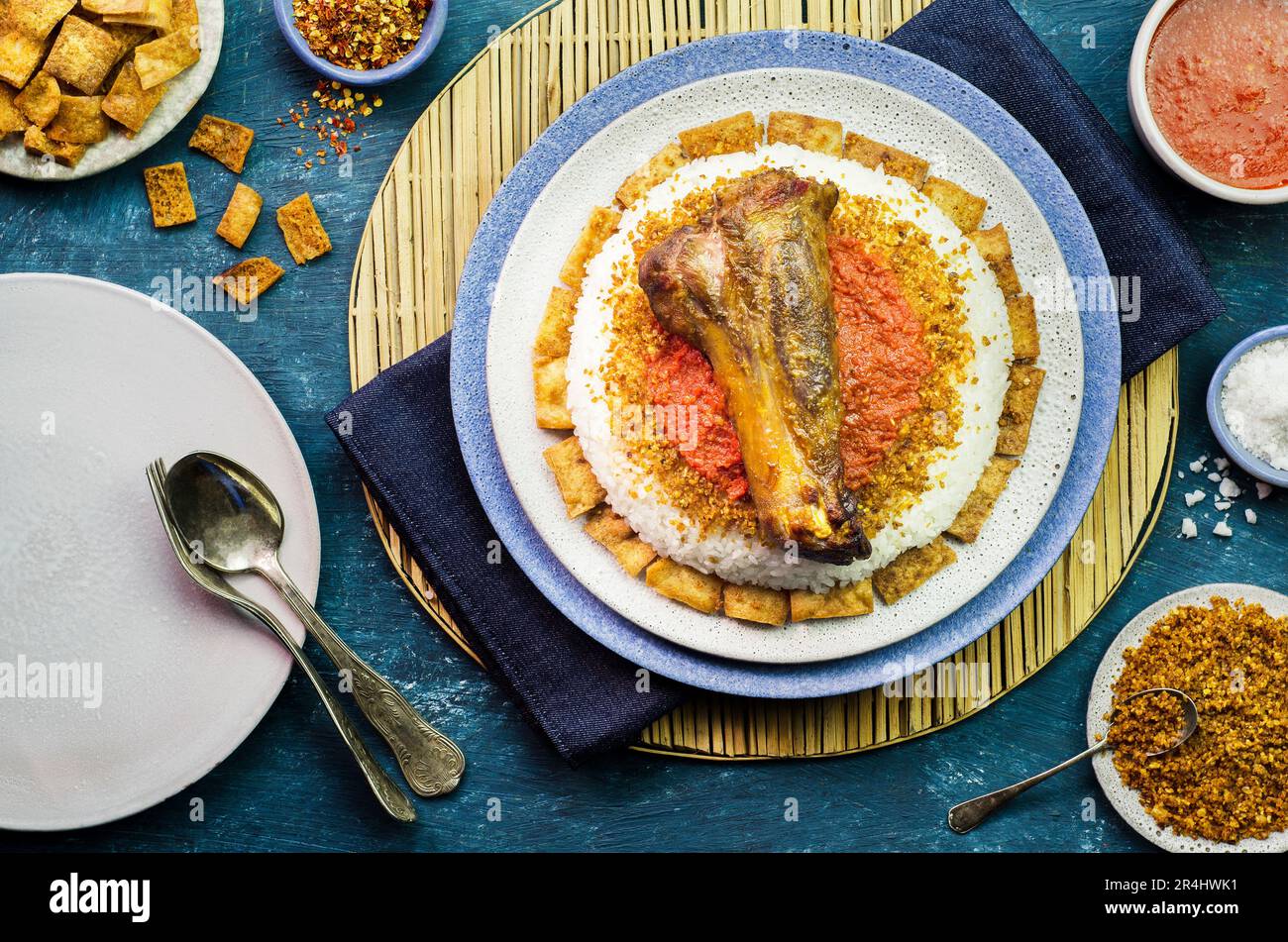 Arabic Cuisine; Egyptian oriental Fattah with white rice and crispy ...