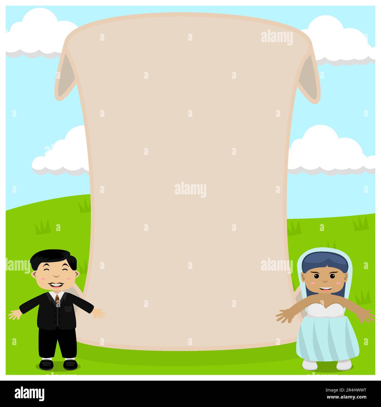 Vector Illustration Of Couple Wedding Template in Field and Sky Color ...