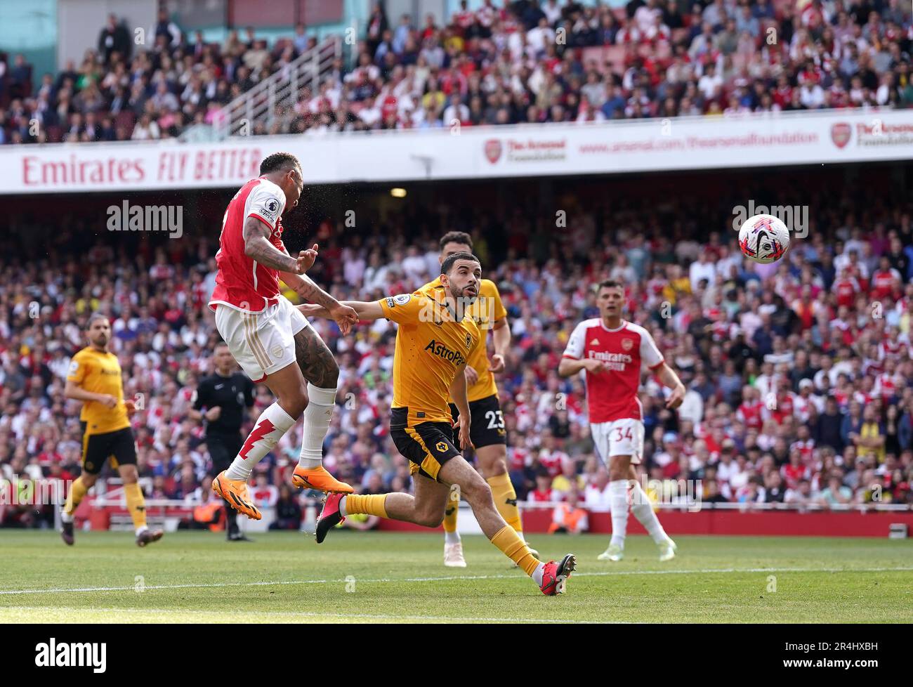 Arsenal's Gabriel Jesus scores their side's fourth goal of the game during the Premier League ...