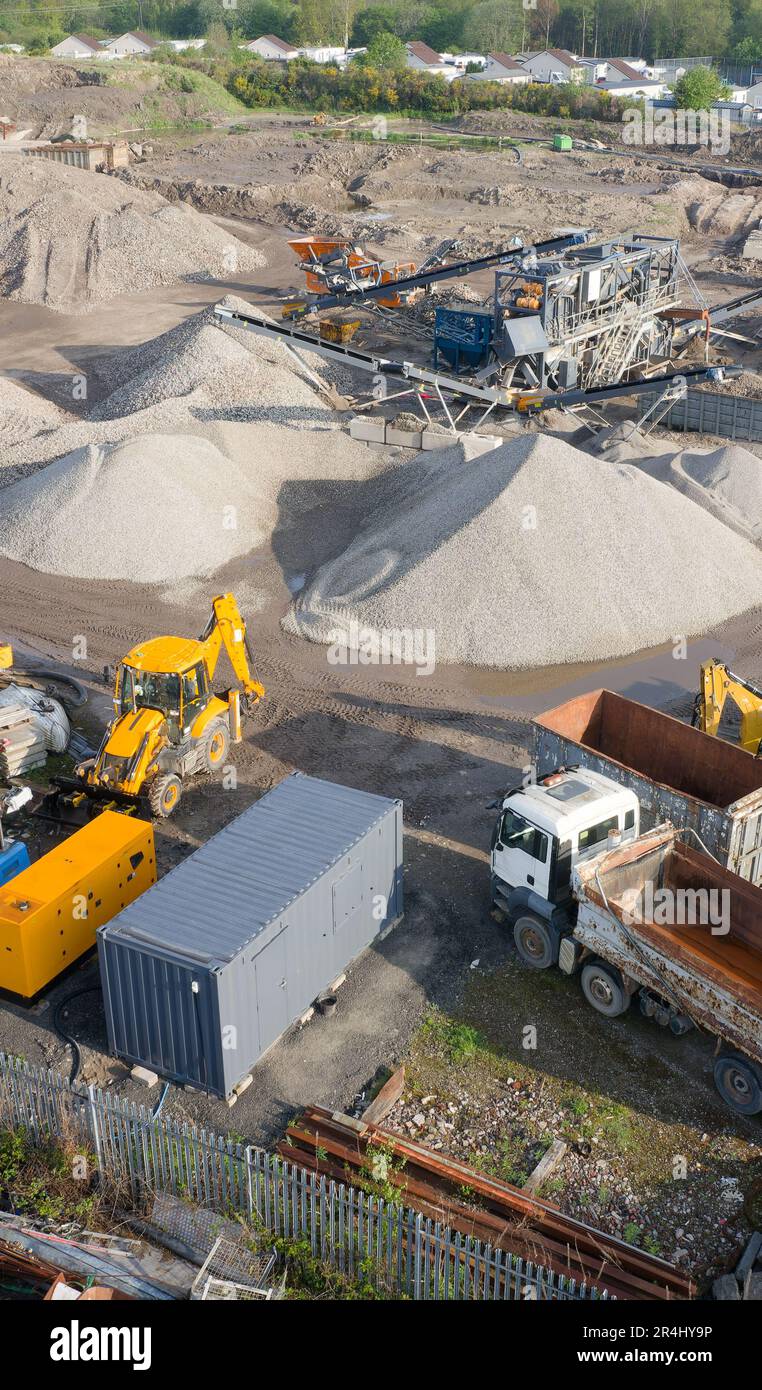 Quarry works industrial digging aerial view from above showing sand ...