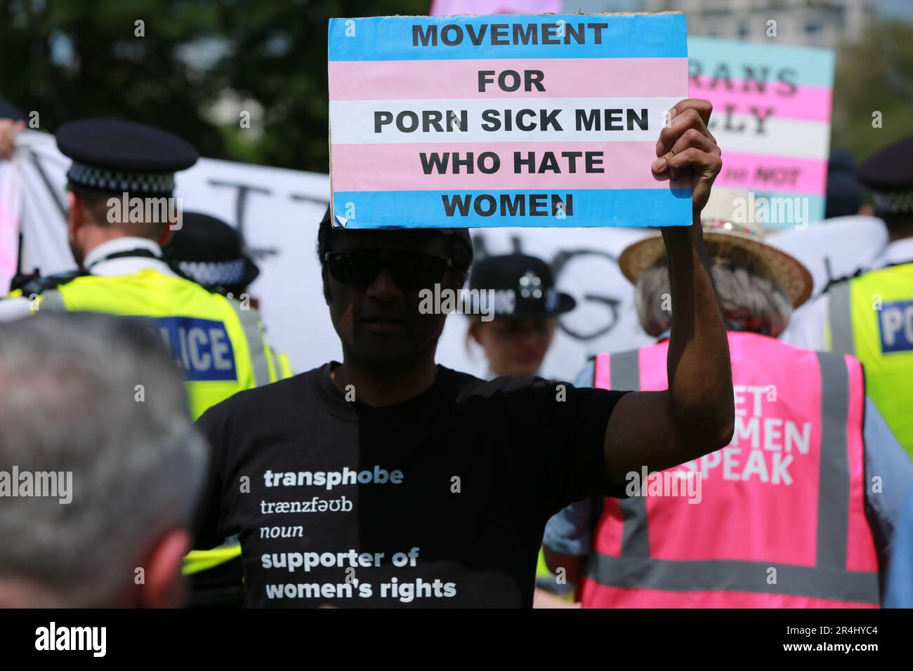 London, UK. 28 May 2023. Transgender rights activists counter-protest ...