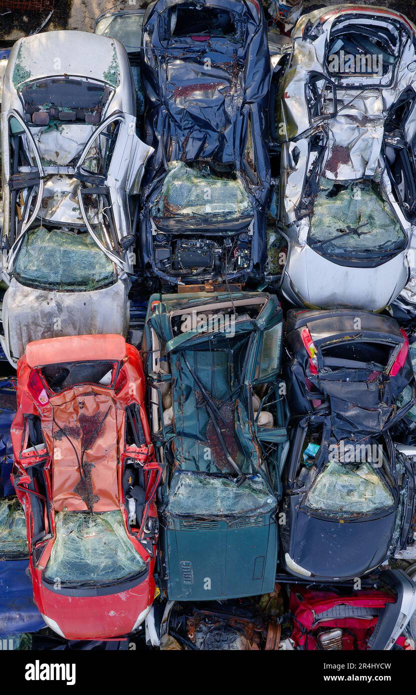 Car compound for scrap metal recycling viewed from above Stock Photo ...