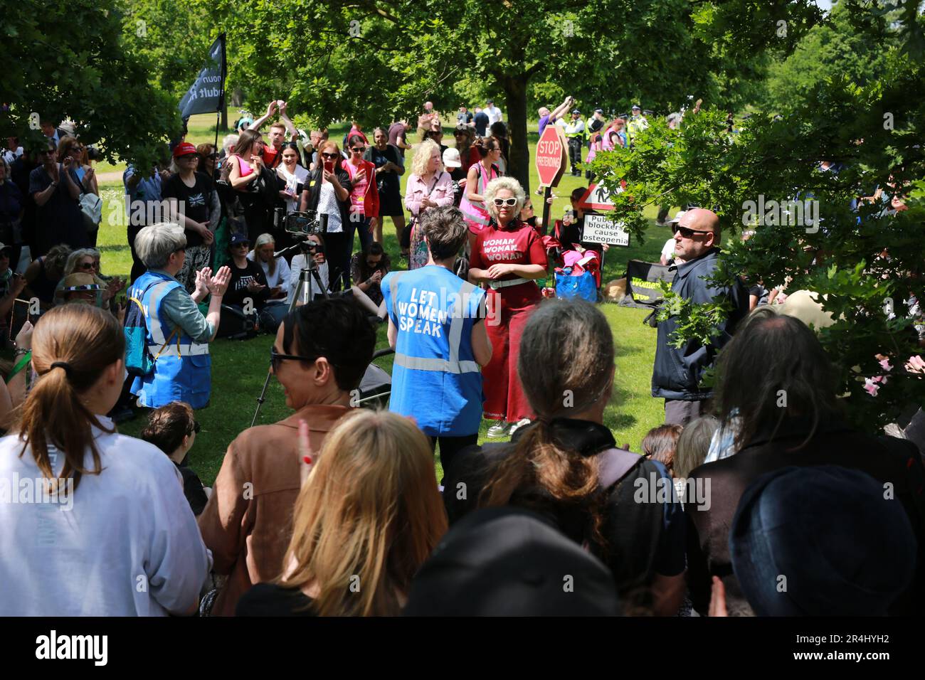 London, UK. 28 May 2023. Transgender rights activists counter-protest ...
