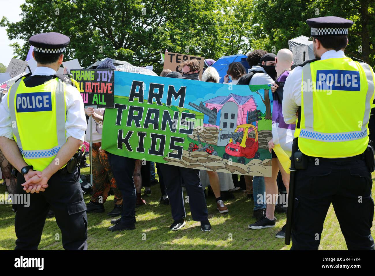 London, UK. 28 May 2023. Transgender rights activists counter-protest ...