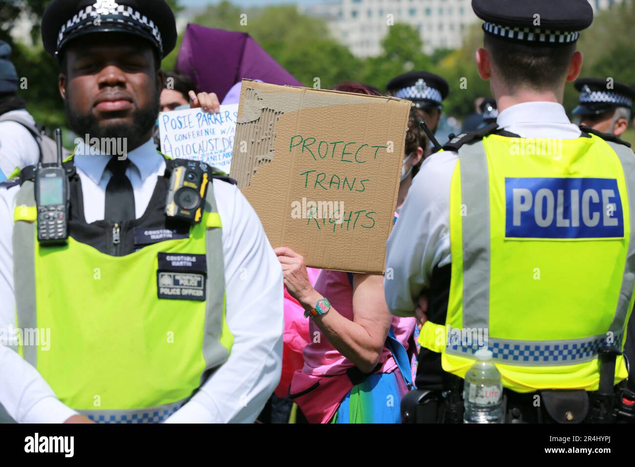 London, UK. 28 May 2023. Transgender rights activists counter-protest ...