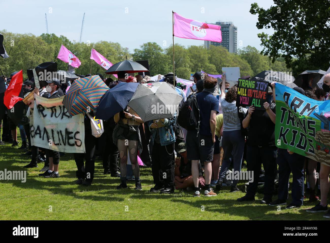 London, UK. 28 May 2023. Transgender rights activists counter-protest ...