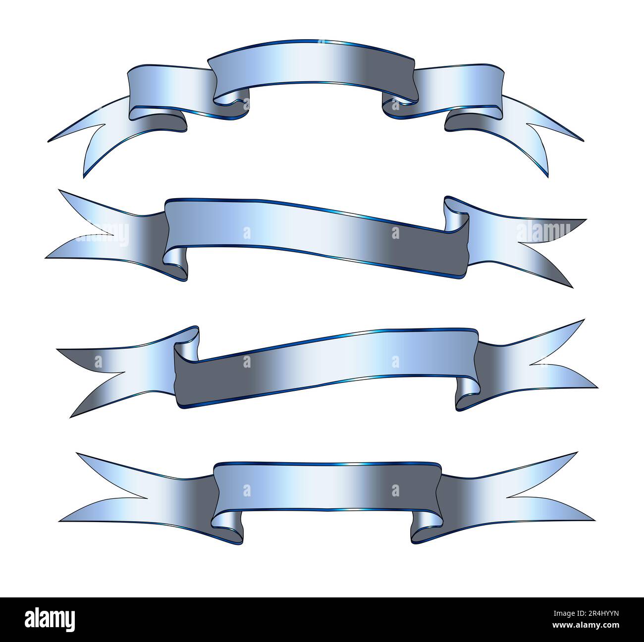 A collection of 4 silver ribbon banners isolated over a white ...