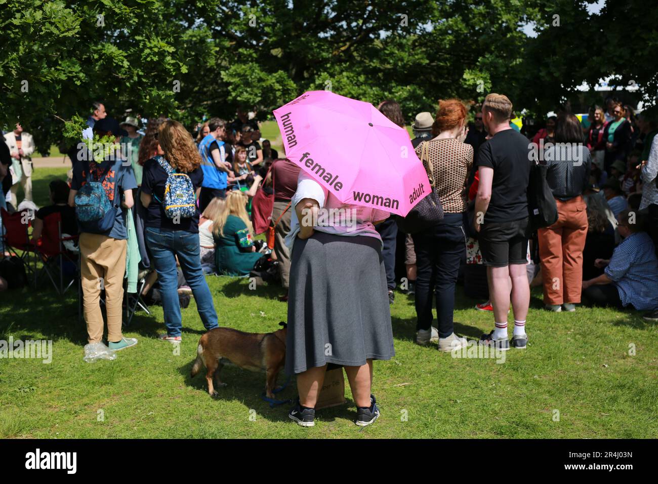 London, UK. 28 May 2023. Transgender rights activists counter-protest ...