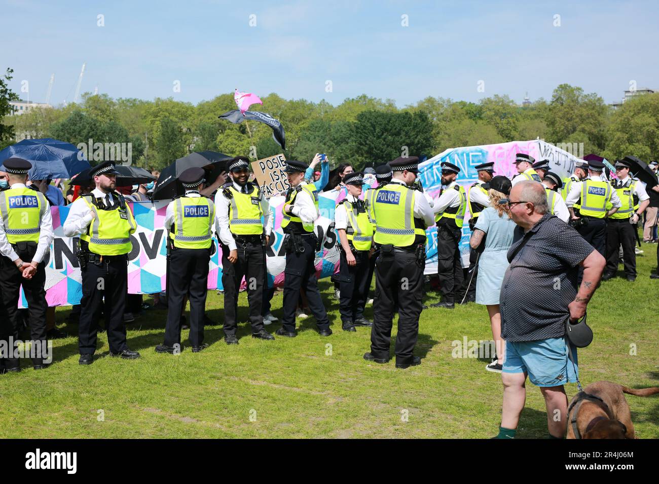 London, UK. 28 May 2023. Transgender rights activists counter-protest ...