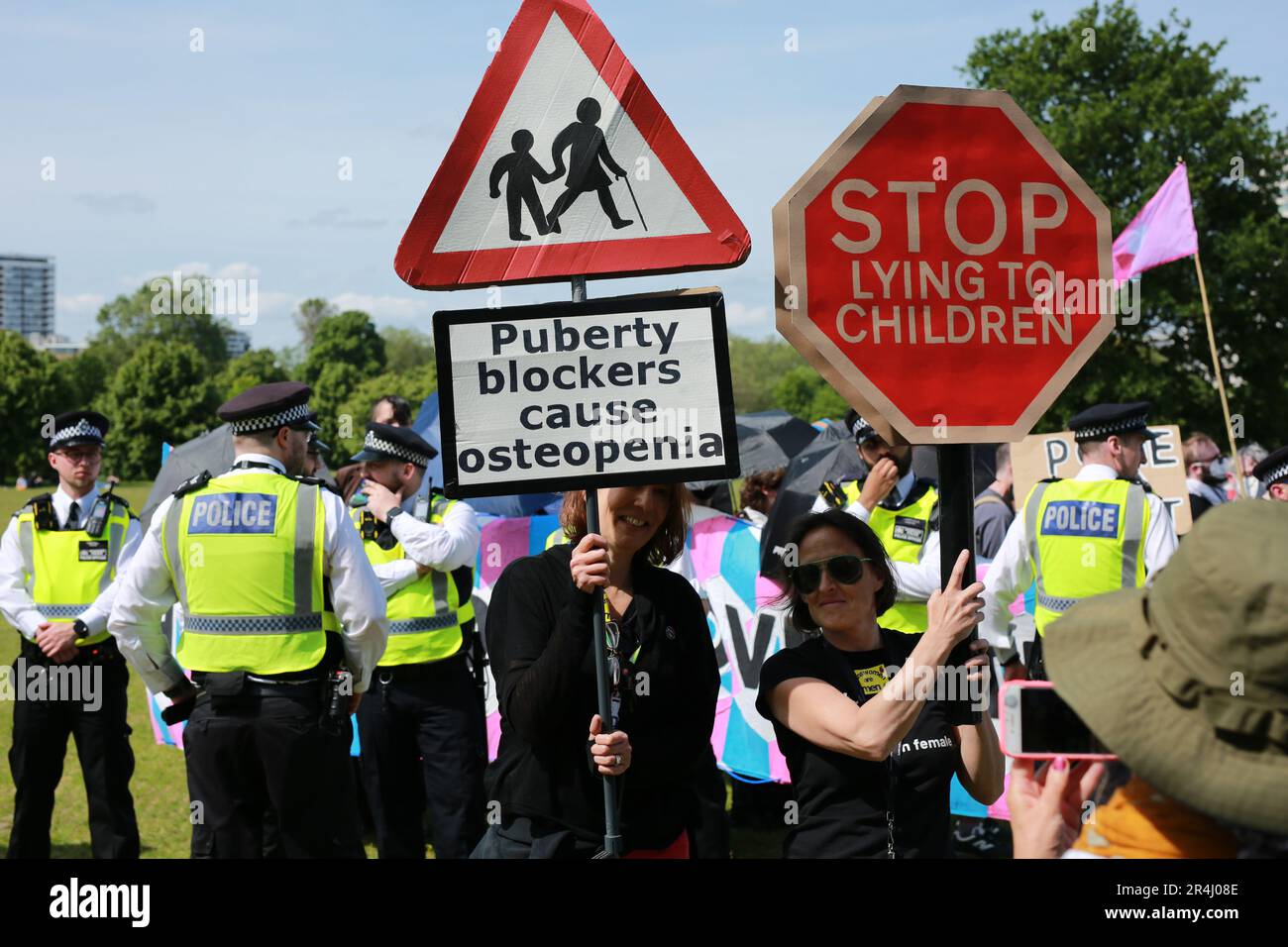 London, UK. 28 May 2023. Transgender rights activists counter-protest ...