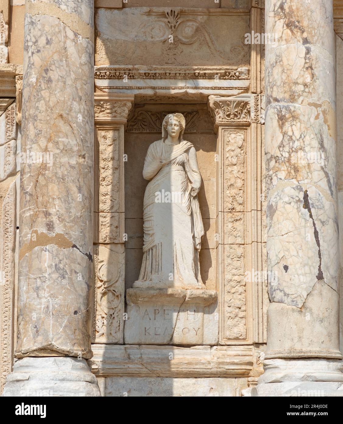 A picture of the Arete statue on the Library of Celsus at the Ephesus ...