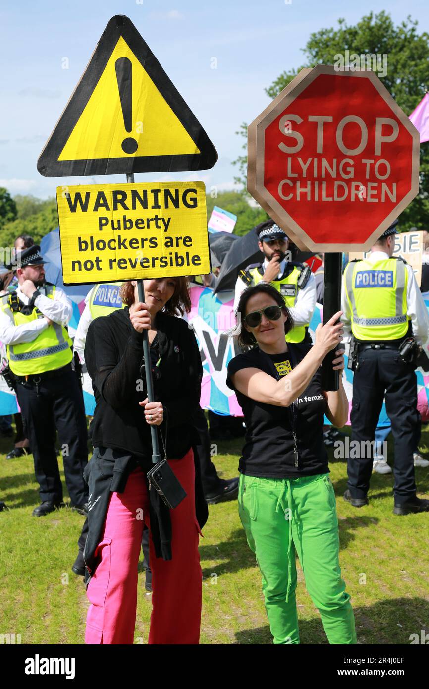 London, UK. 28 May 2023. Transgender rights activists counter-protest ...