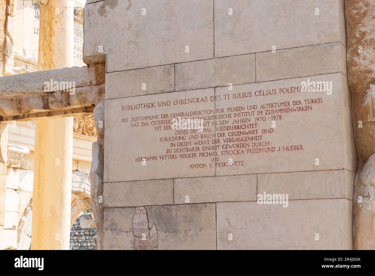 A picture of the main inscription, in German, on the Library of Celsus ...