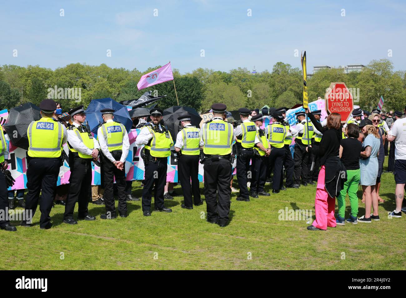 London, UK. 28 May 2023. Transgender rights activists counter-protest ...
