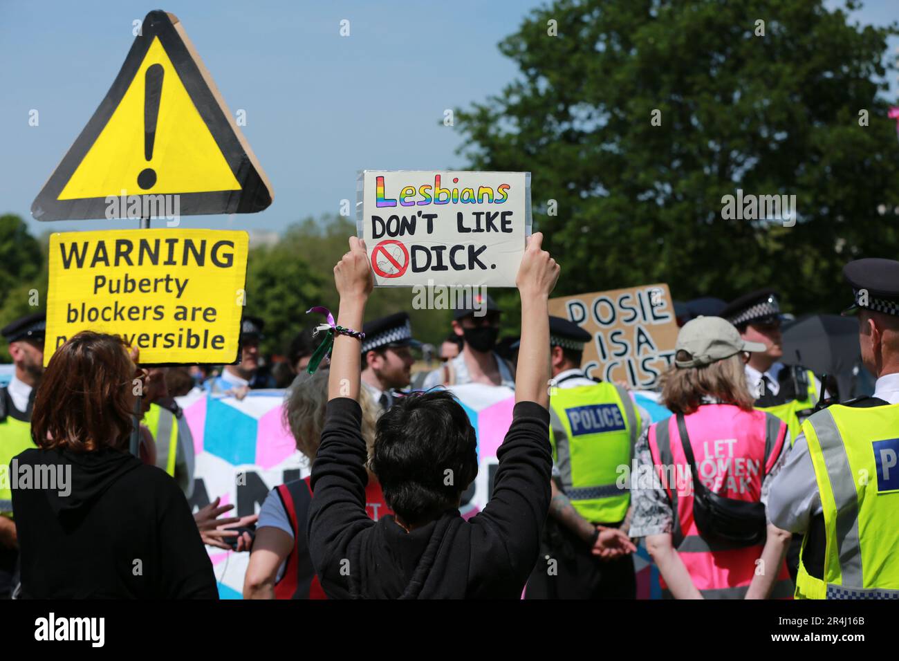 London, UK. 28 May 2023. Transgender rights activists counter-protest ...