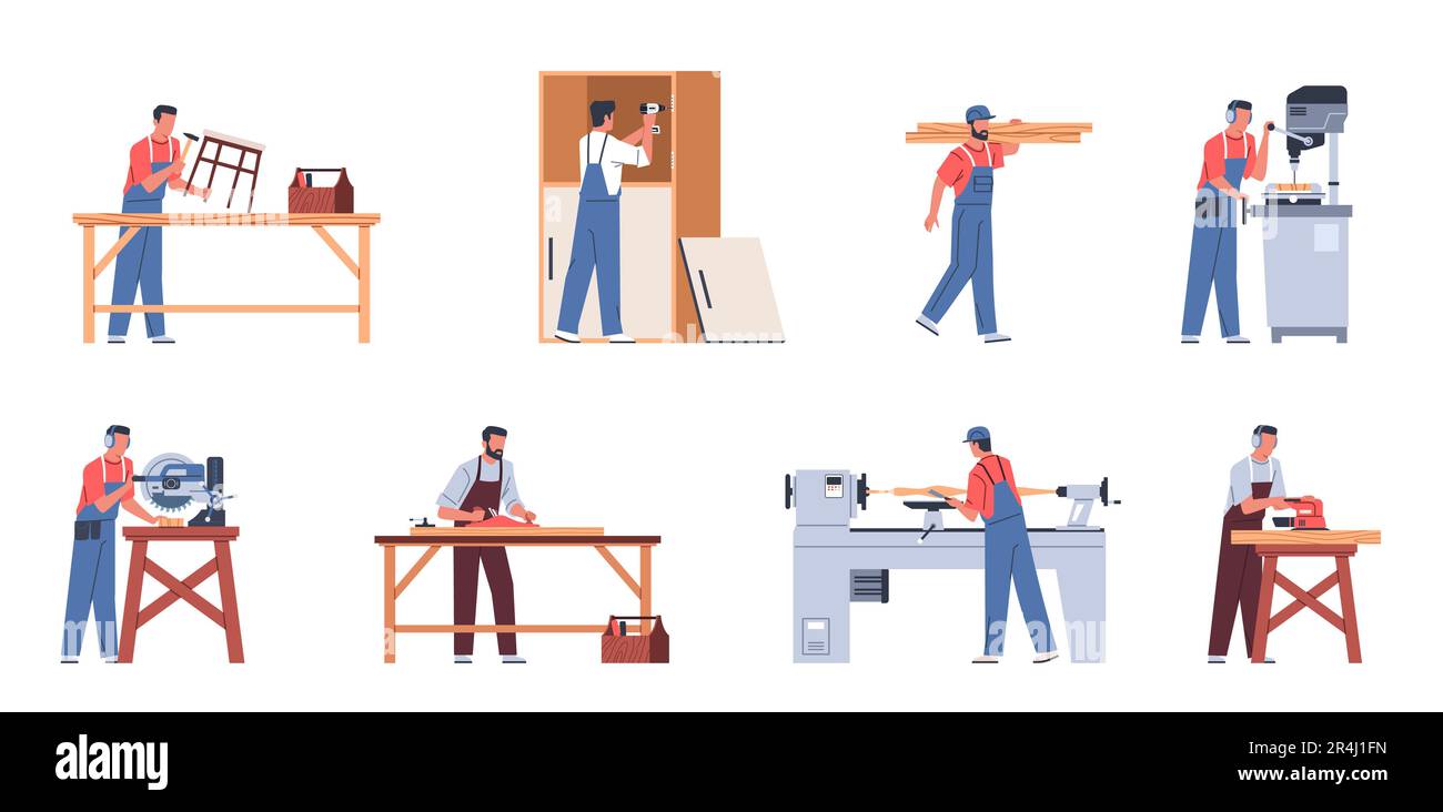 Carpenters work. Woodworking industry flat characters, people in ...