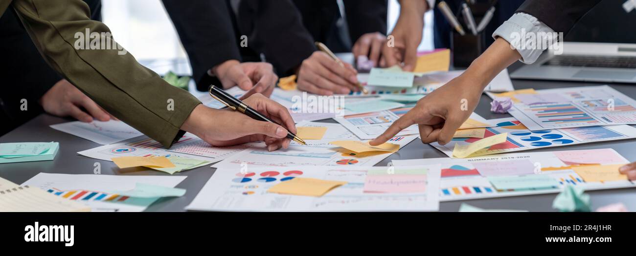 Analyst team use sticky note for financial insight with business ...