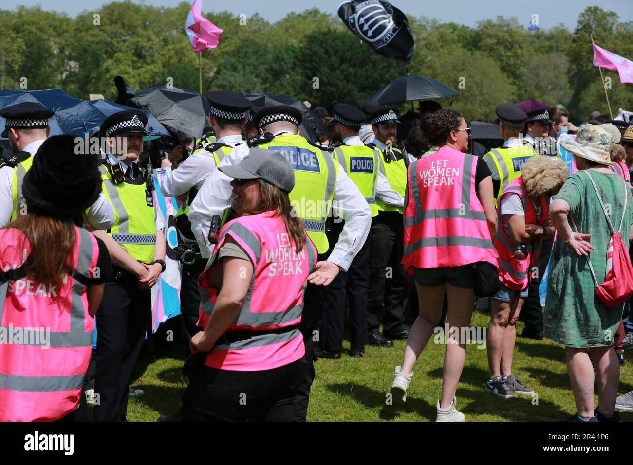 London, UK. 28 May 2023. Transgender rights activists counter-protest ...
