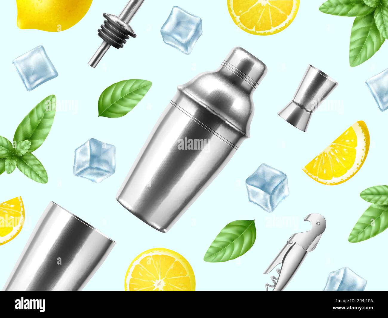 Realistic background with bartender equipment. Metal elements, cocktail ...
