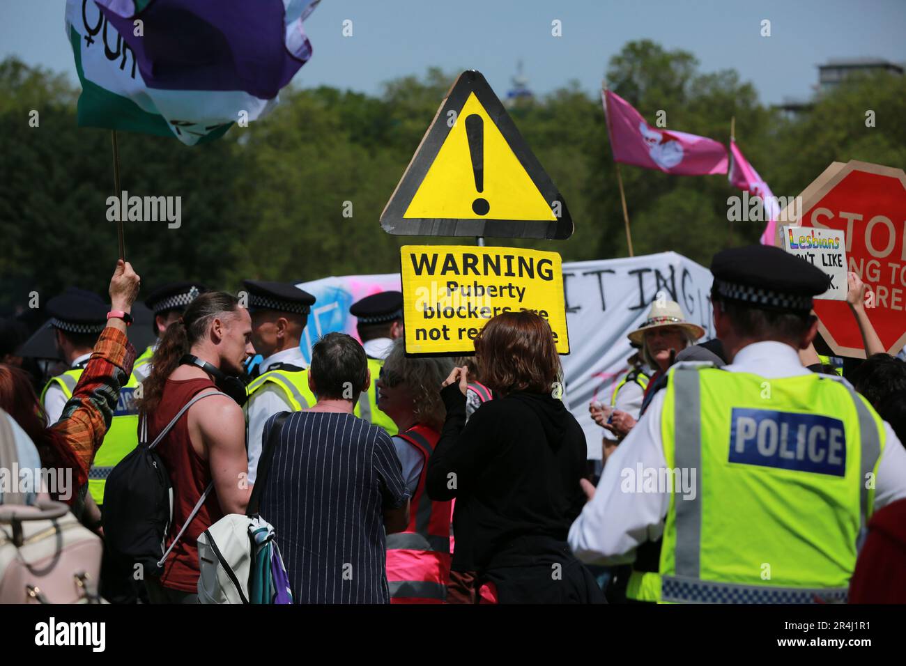 London, UK. 28 May 2023. Transgender rights activists counter-protest ...