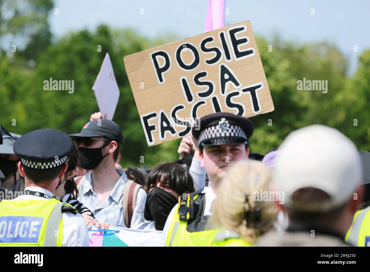 London, UK. 28 May 2023. Transgender rights activists counter-protest ...