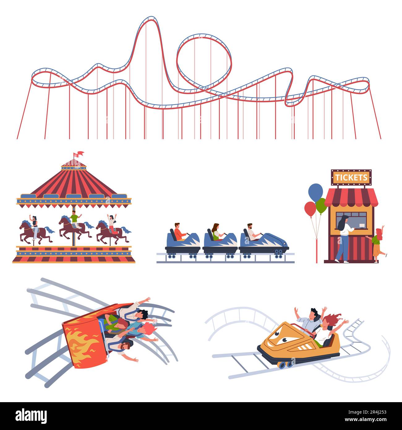Roller coaster. Amusement park elements, happy visitors in trailers ...
