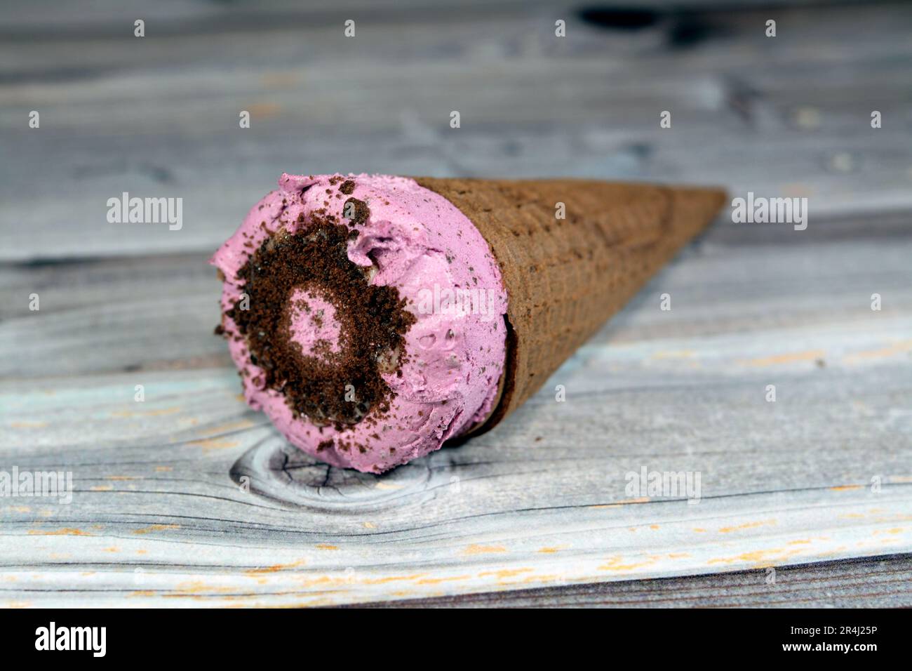 Ice-cream of special flavors in crispy wafer cones, melting cold ice ...