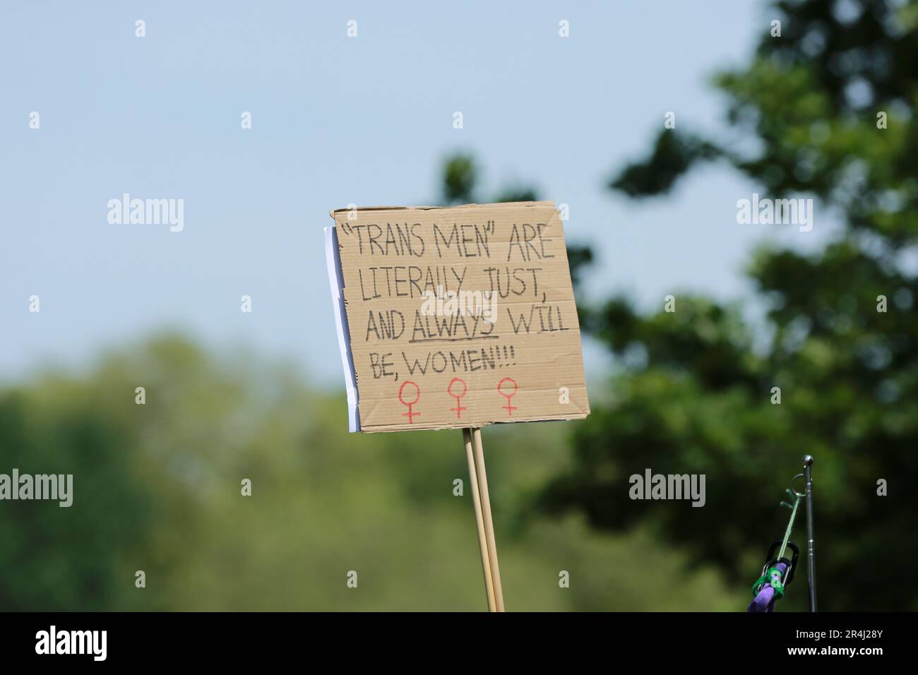London, UK. 28 May 2023. Transgender rights activists counter-protest ...