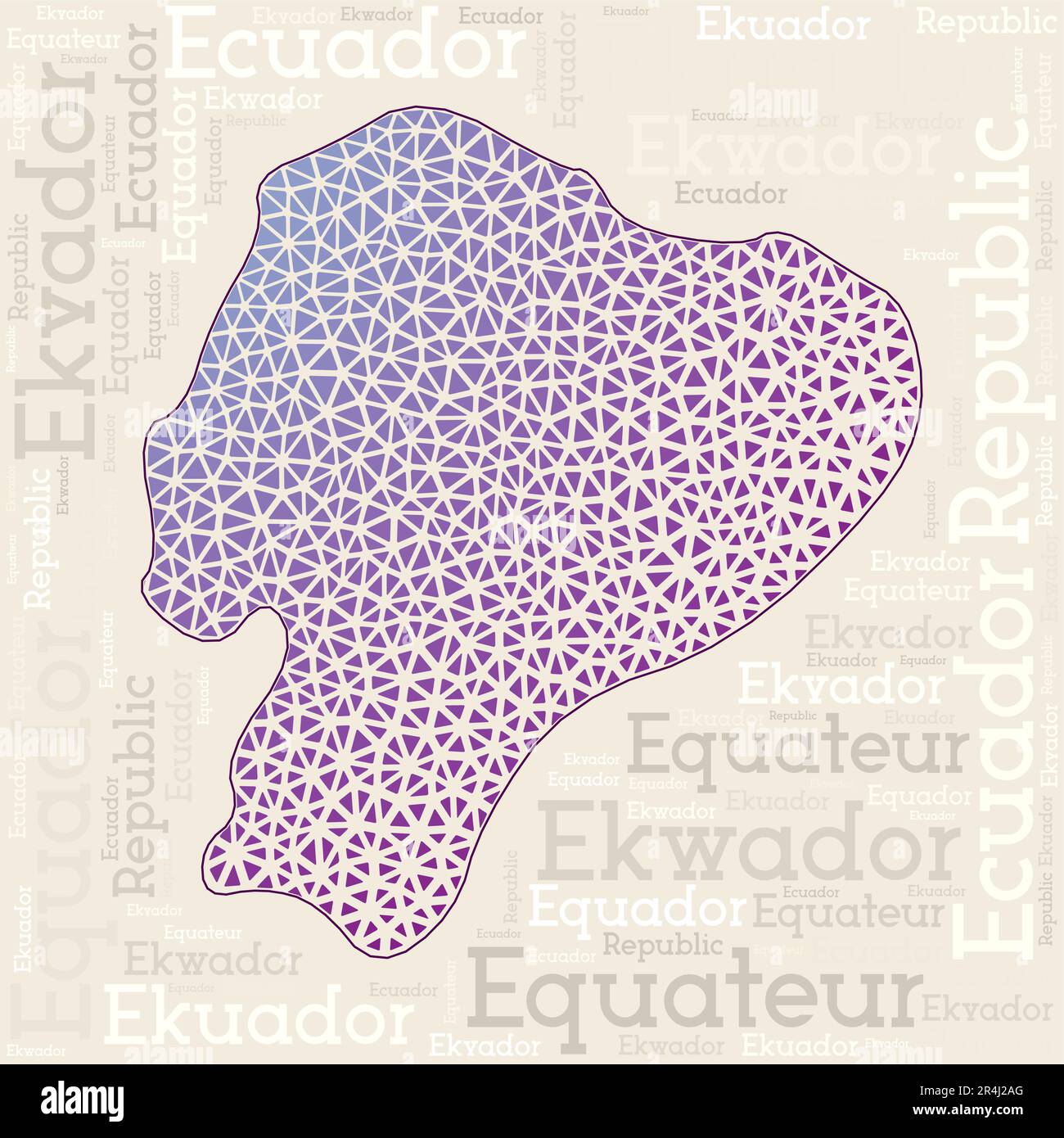Ecuador map design. Country names in different languages and map shape ...